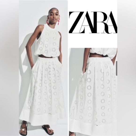 Zara | Skirts | Zara White Embroidered Eyelet Midi Skirt | Poshmark